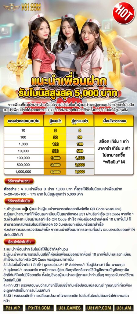 แนะนำเพื่อน รับโบนัสสูงสุดกว่า 5,000 บาท - U31เว็บคาสิโนออนไลน์ |เกมสล็อตออนไลน์,เว็บไซต์ที่น่า ...